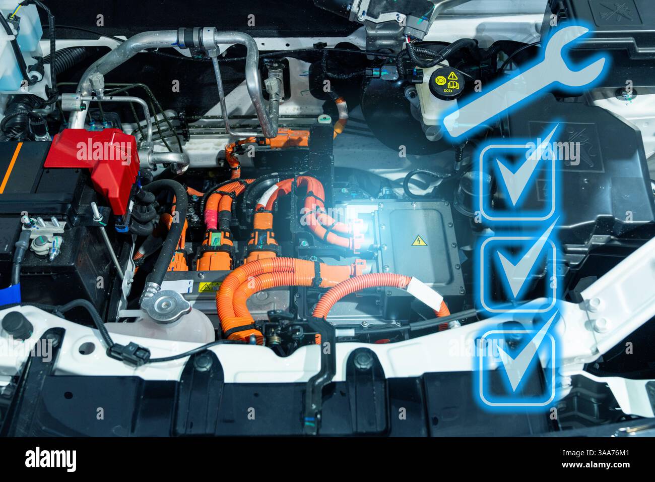 Electric car with open hood and service symbol. Electric vehicles ...