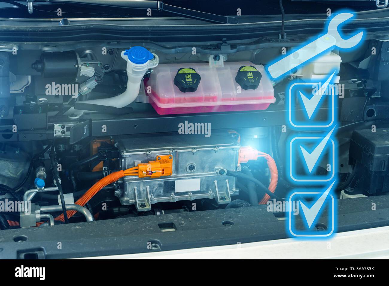 Electric van with open hood and service symbol. Electric vehicles ...