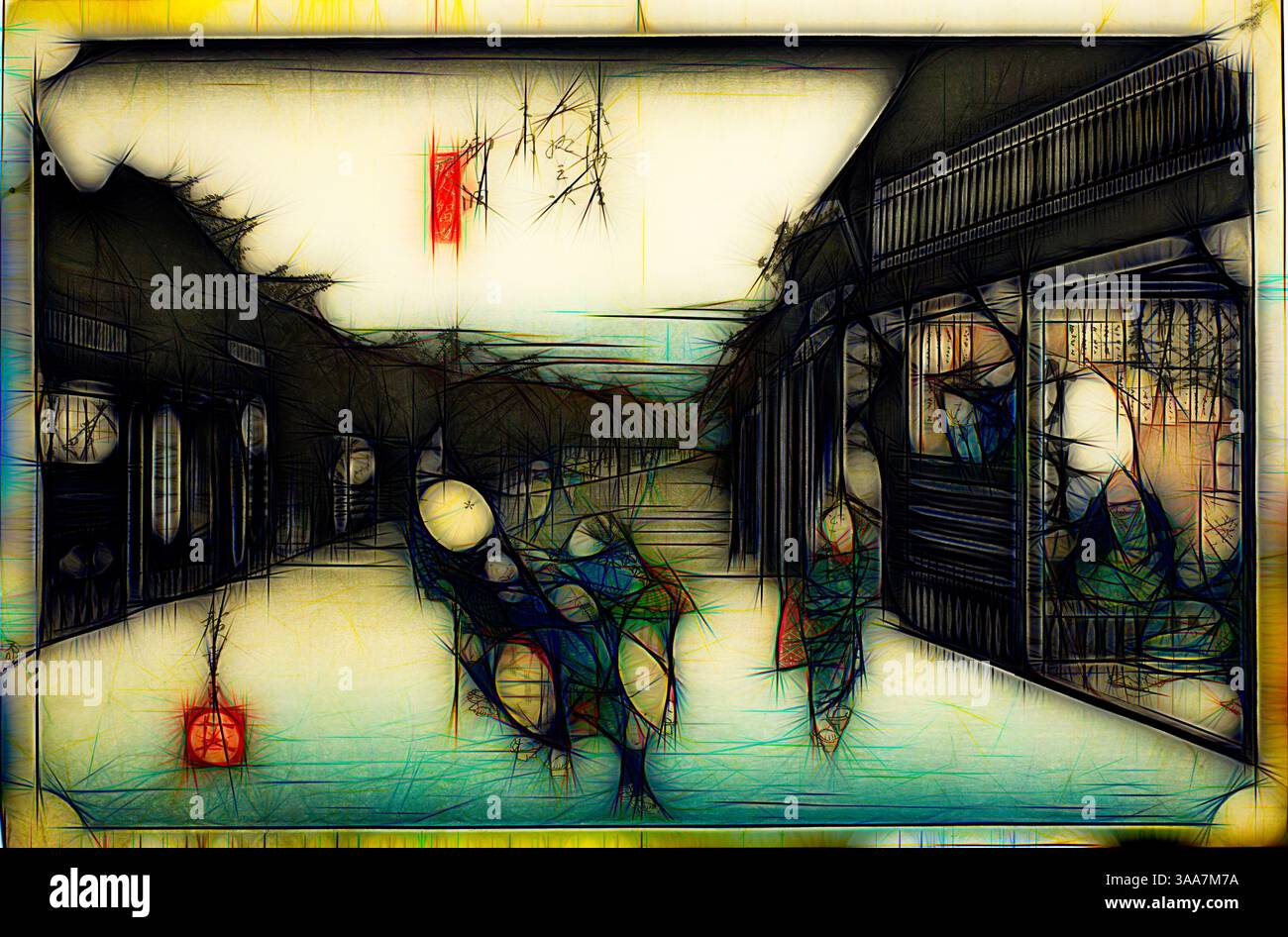 A surreal scene depicting an abstract urban landscape, featuring ...