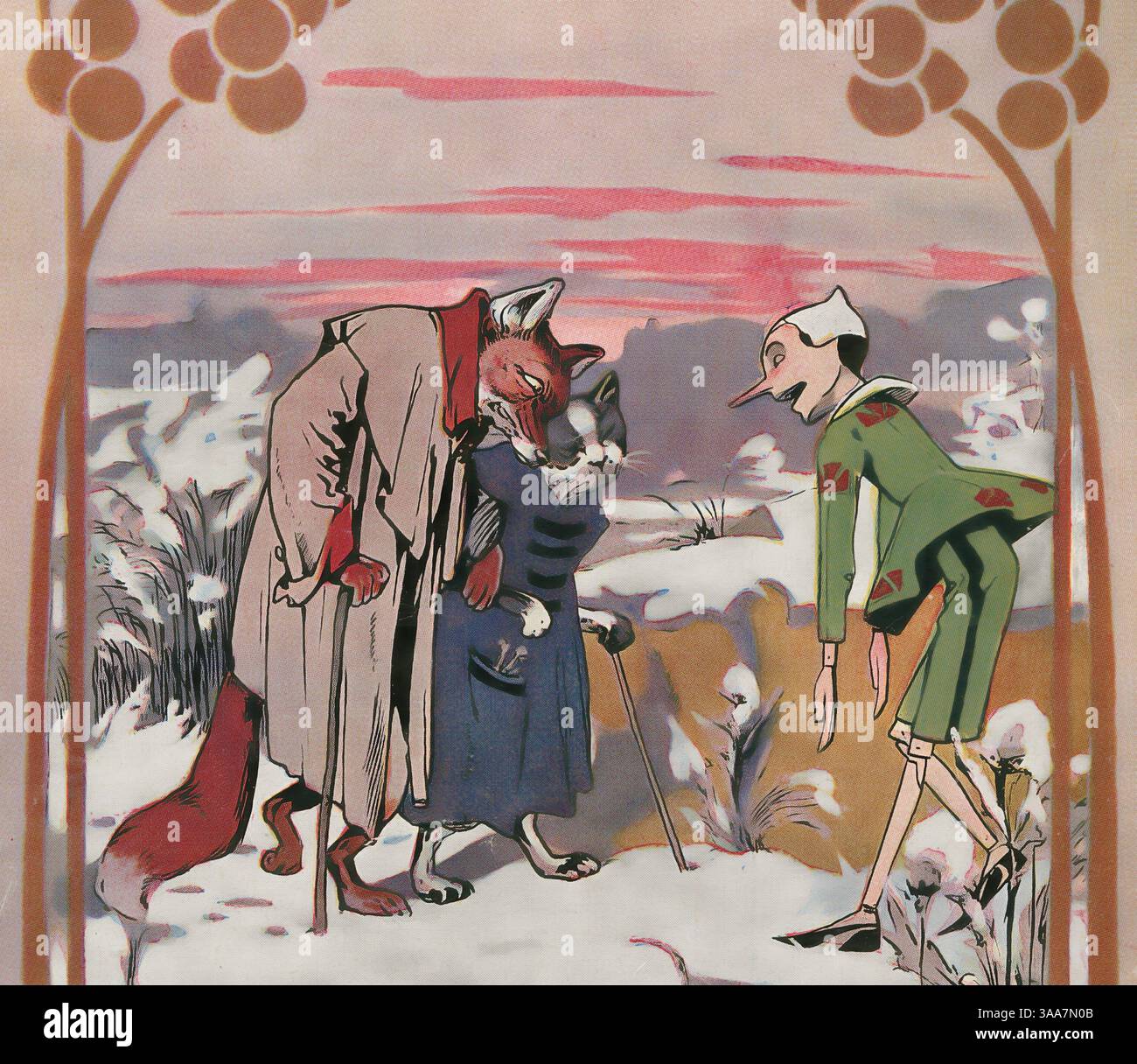 Pinocchio. Illustration of Pinocchio meeting a fox and a cat by Attilio ...