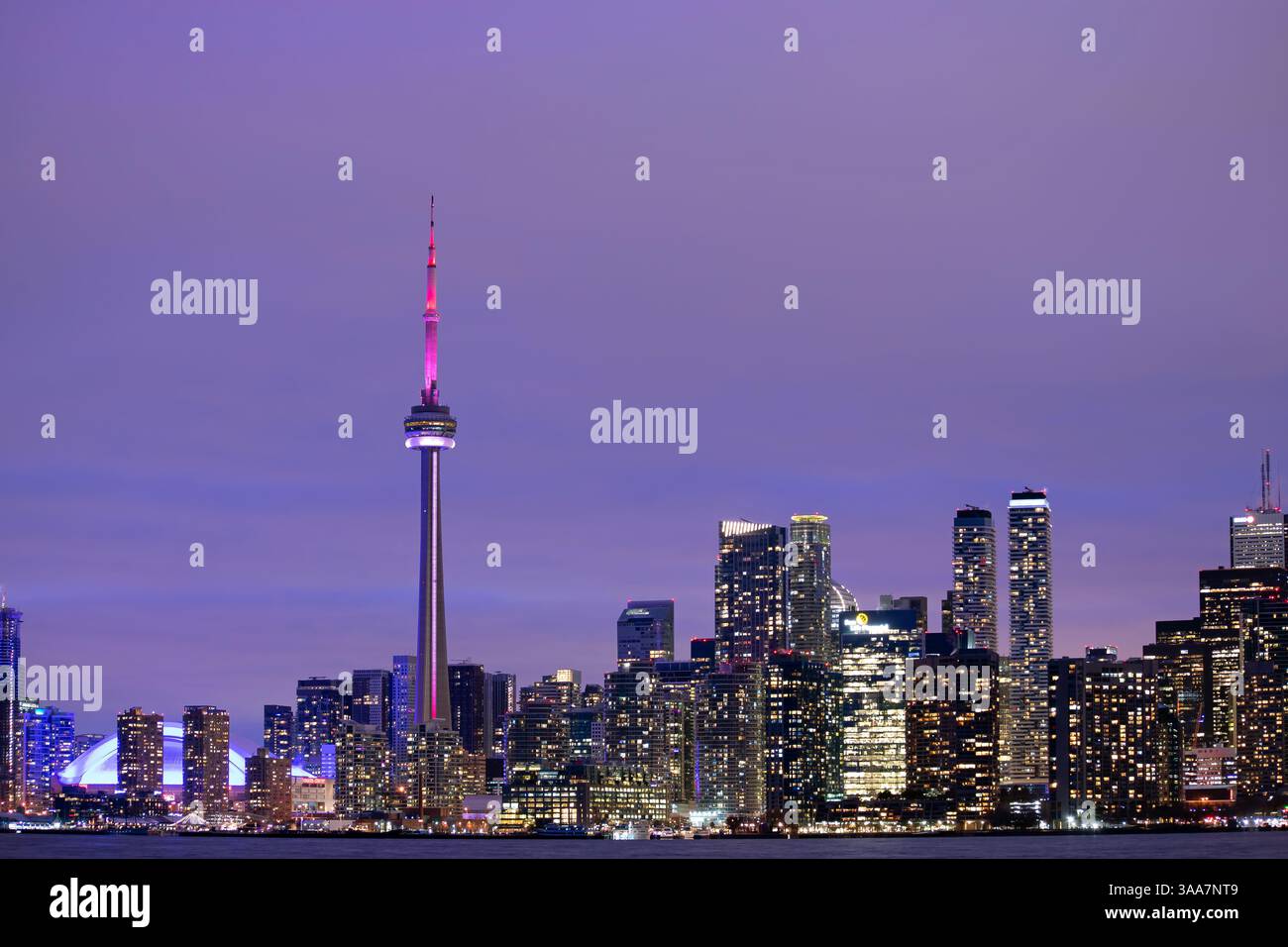 Night view of downtown Toronto, Ontario, Canada, with the illuminated ...