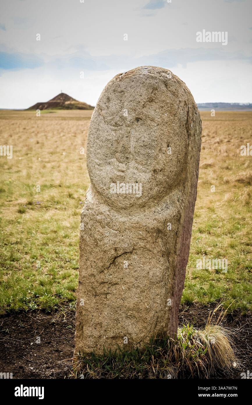 Arkaim in Ural Russia. A large stone baba with a face carved into it ...