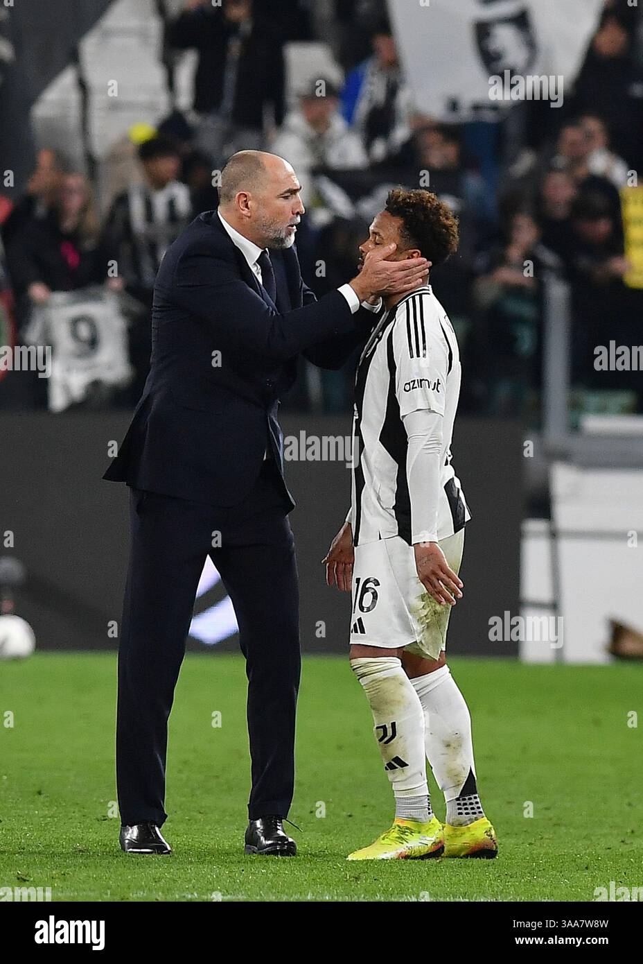 Turin, Italy. 31st Mar, 2025. Igor Tudor head coach of Juventus FC and Weston MCKennie of ...