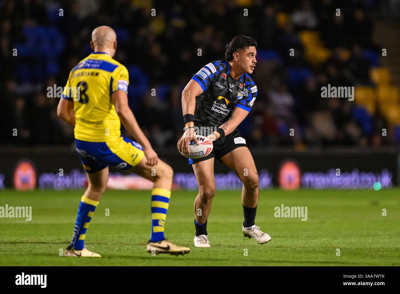 WARRINGTON, ENGLAND - 28 MARCH 2025: Keenan Palasia of Leeds Rhinos in ...