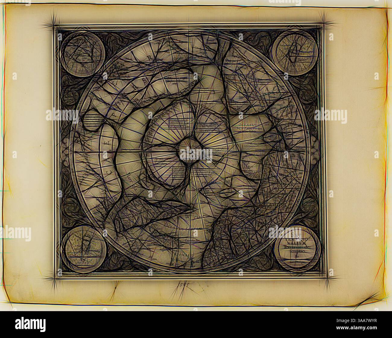 An intricately detailed map featuring a central circular motif ...