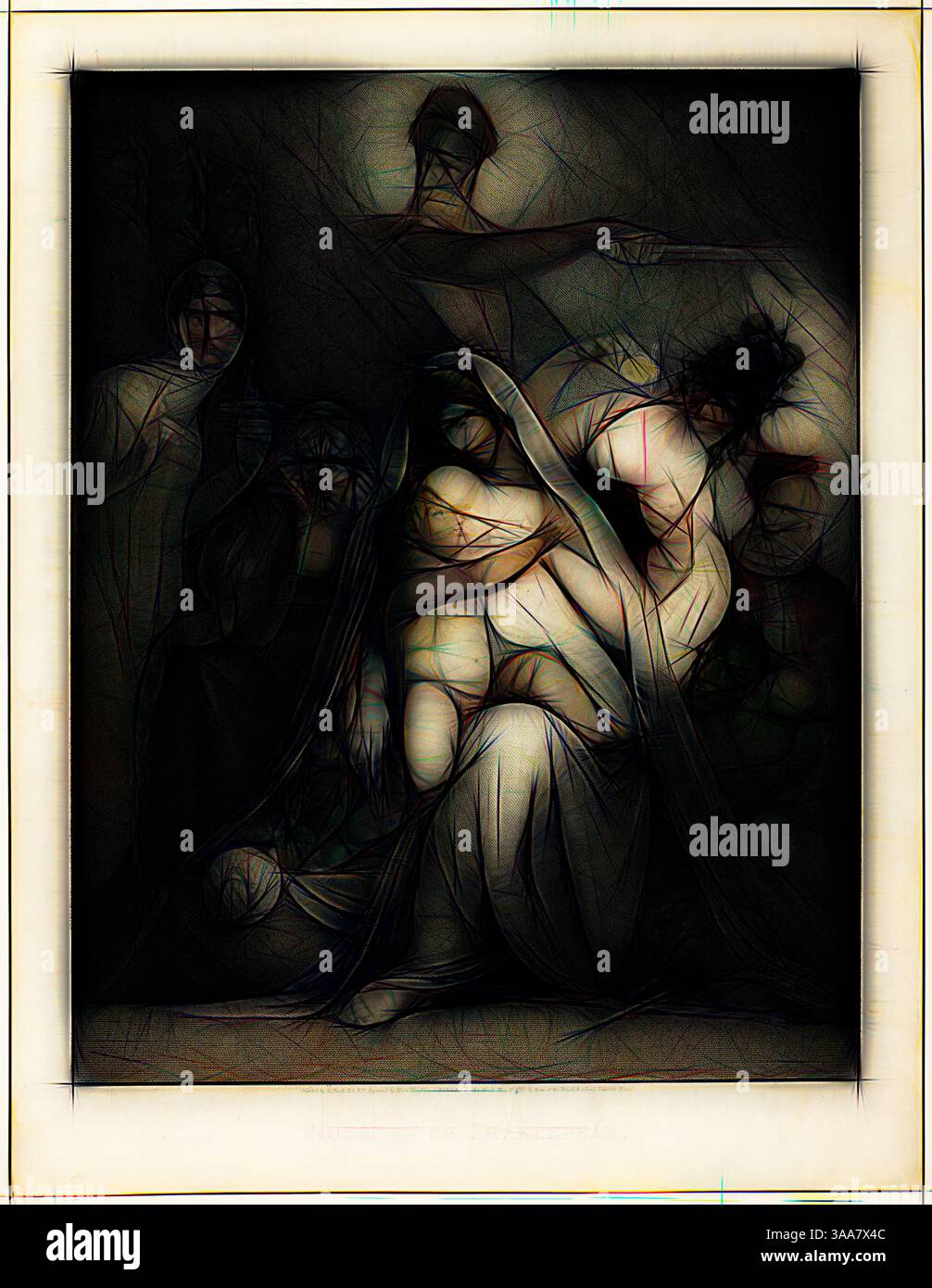 A poignant scene depicting a group of figures gathered around a central, sorrowful female figure ...