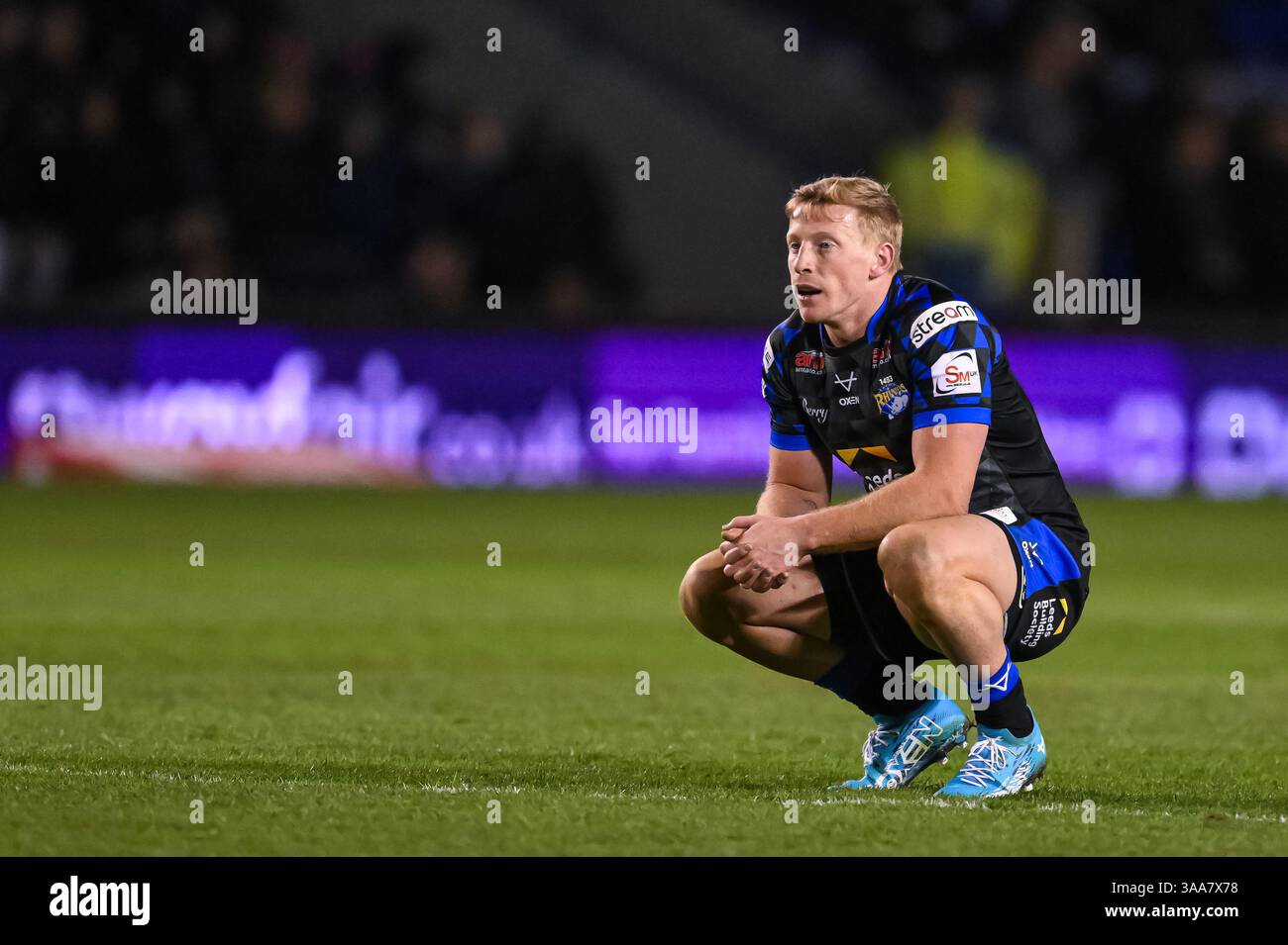 WARRINGTON, ENGLAND - 28 MARCH 2025: Lachie Miller of Leeds Rhinos ...