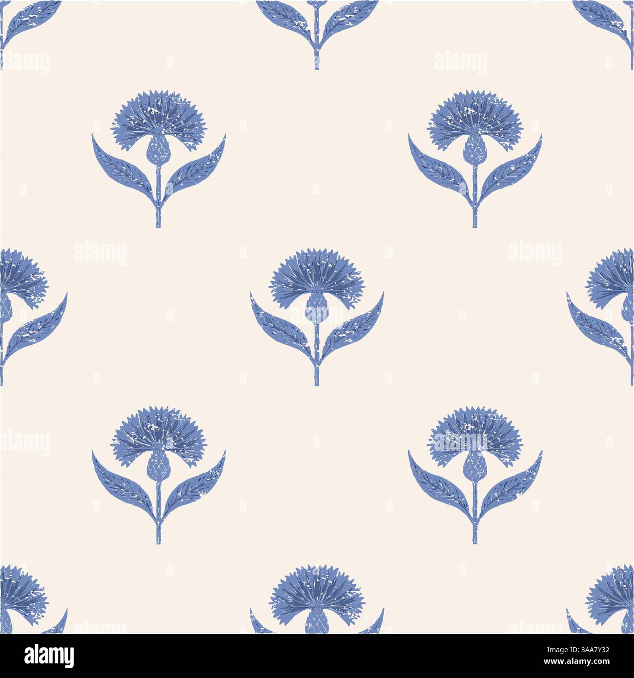 Indian Floral Block Print Seamless Vector Pattern, blue cornflowers on ...
