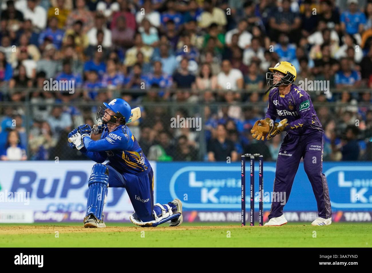 Mumbai Indians' Ryan Rickelton plays a shot during the Indian Premier League cricket match ...