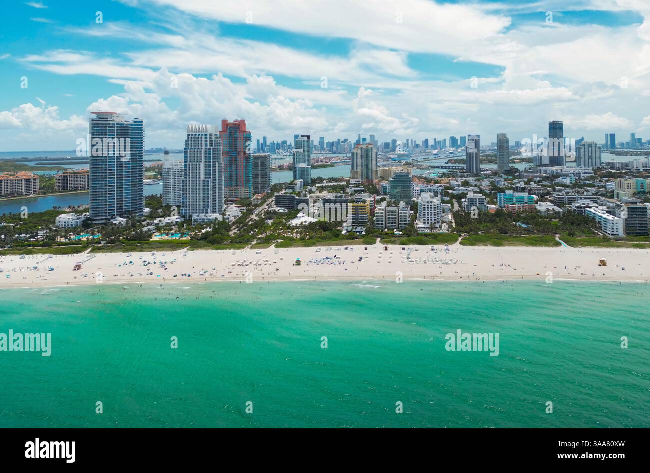 Aerial view of Miami Beach with turquoise waters. Drone shot of Miami ...