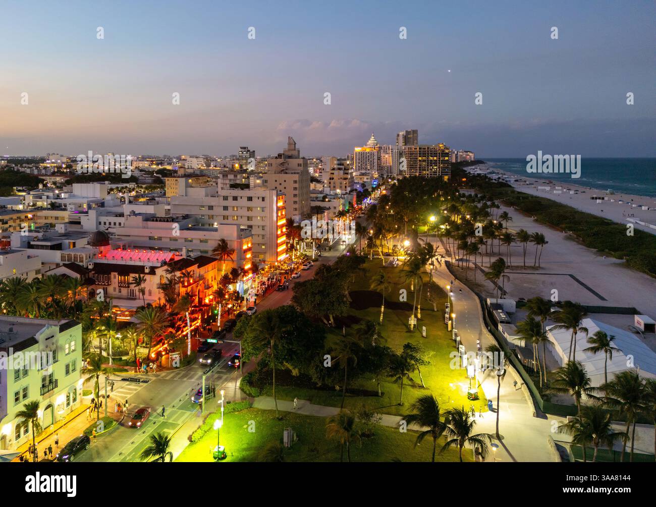 Miami skyline with ocean view. Sunset over South Florida beaches. Drone ...