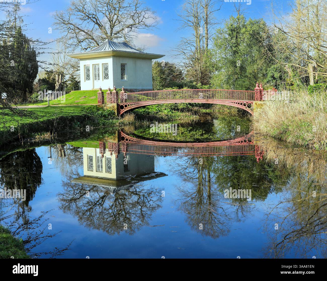 The Chinese House and the red cast iron footbridge at Shugbrough Hall ...