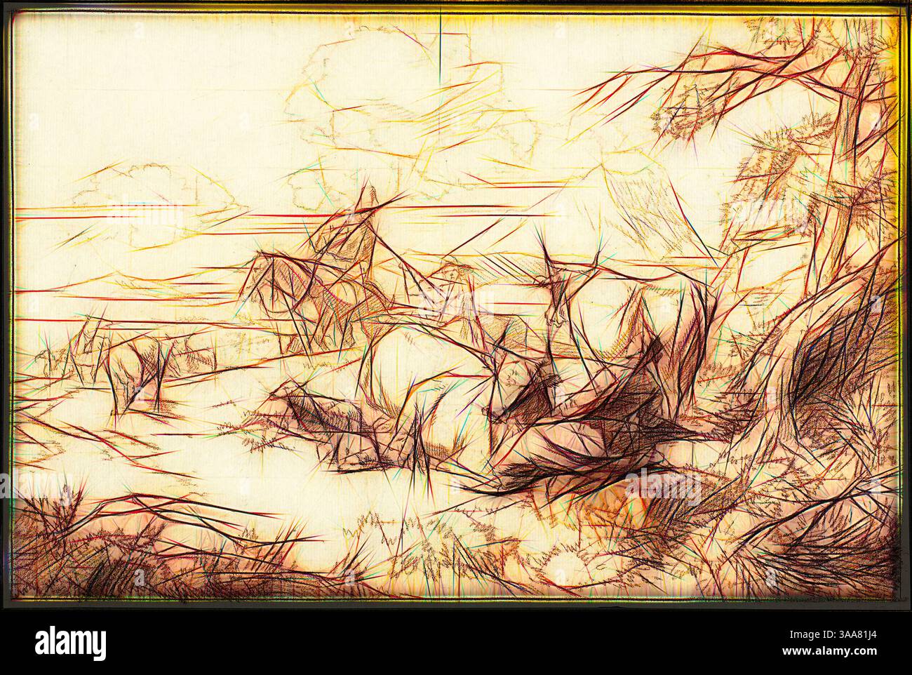 A serene landscape features abstract representations of rocky terrain ...