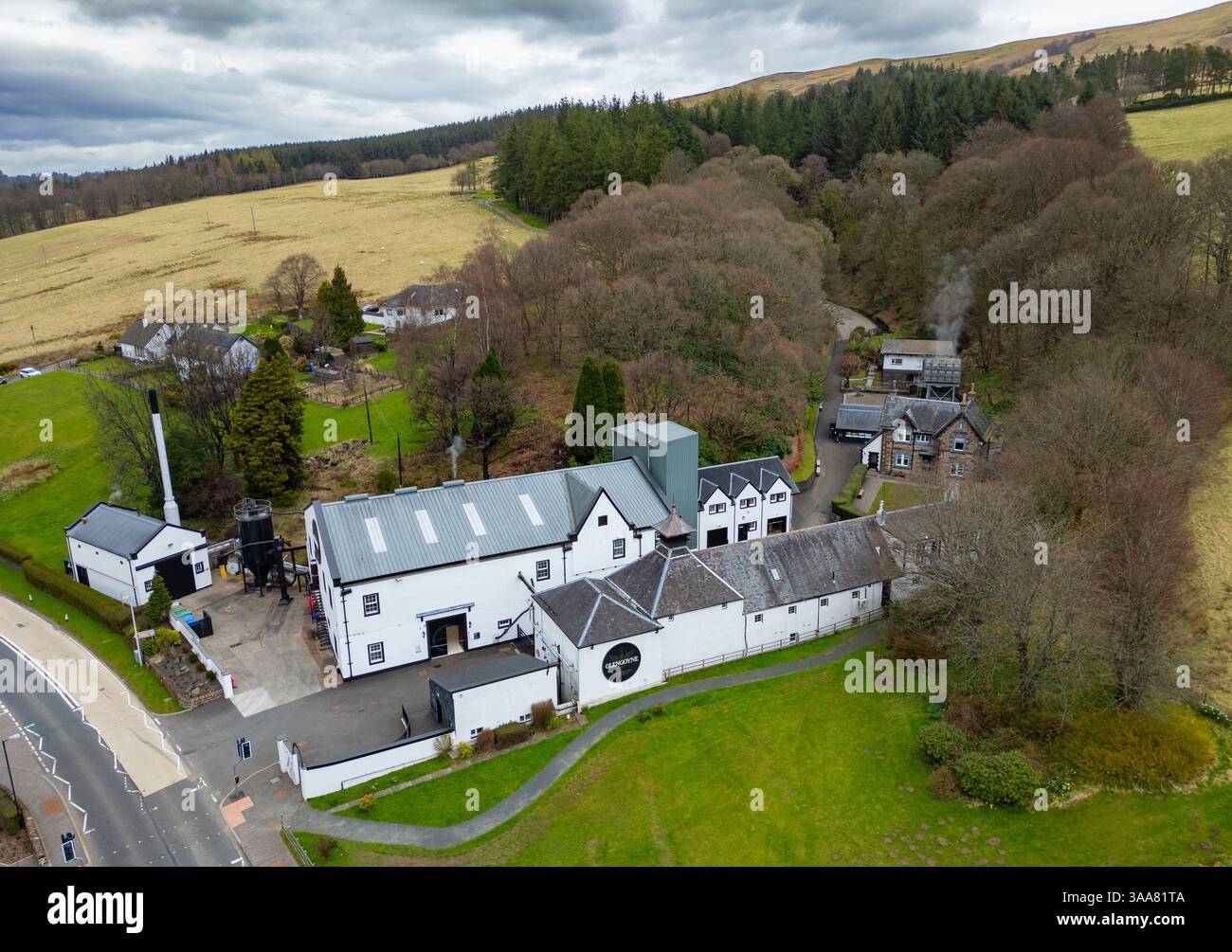 Aerial view of Glengoyne single malt Scotch Whisky Distillery, Dumgoyne ...