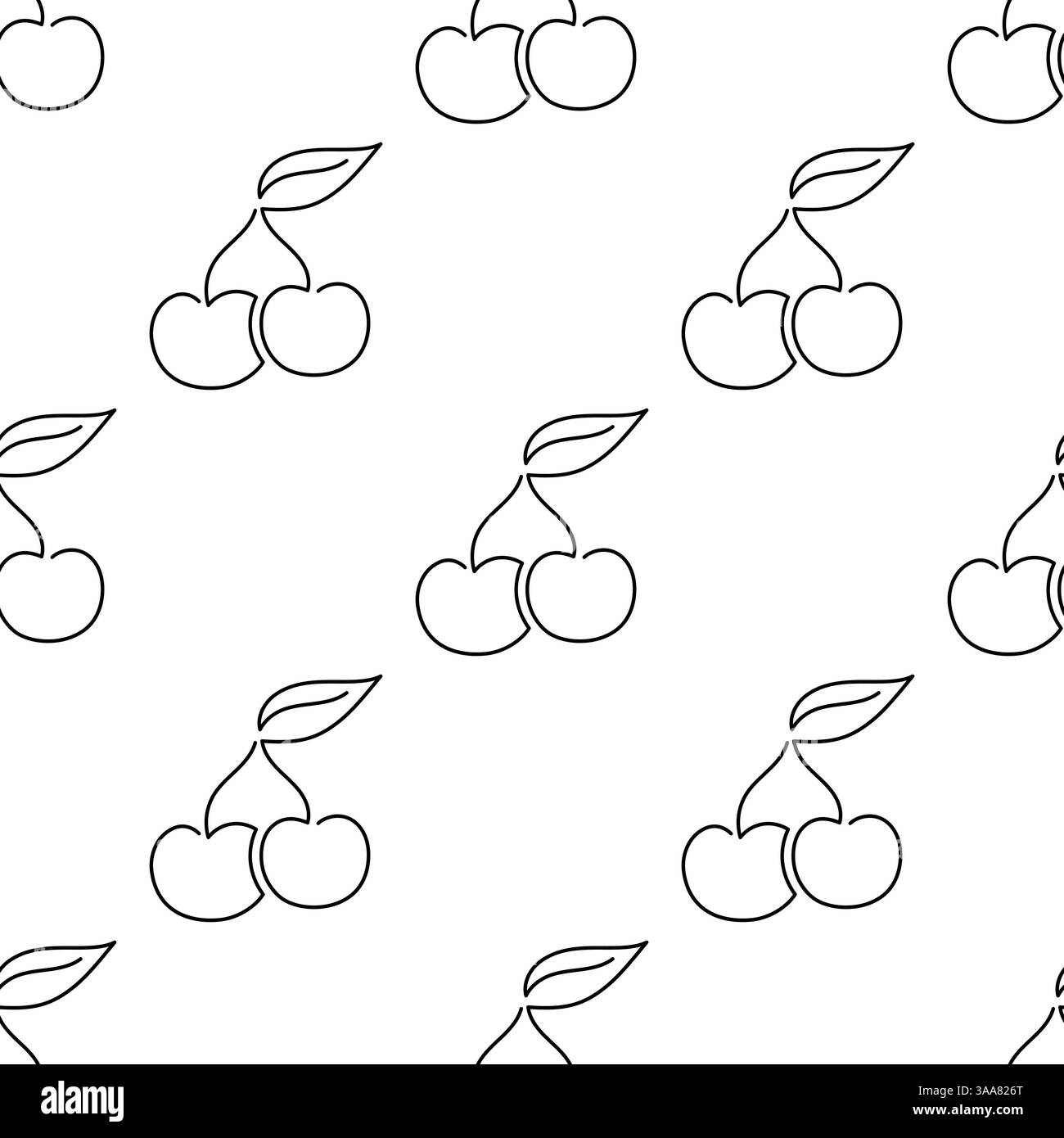 Cherry fruit seamless pattern. Single line illustration. Line art ...