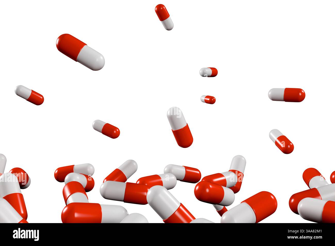 Capsules scattered on a white background, showcasing various angles and ...