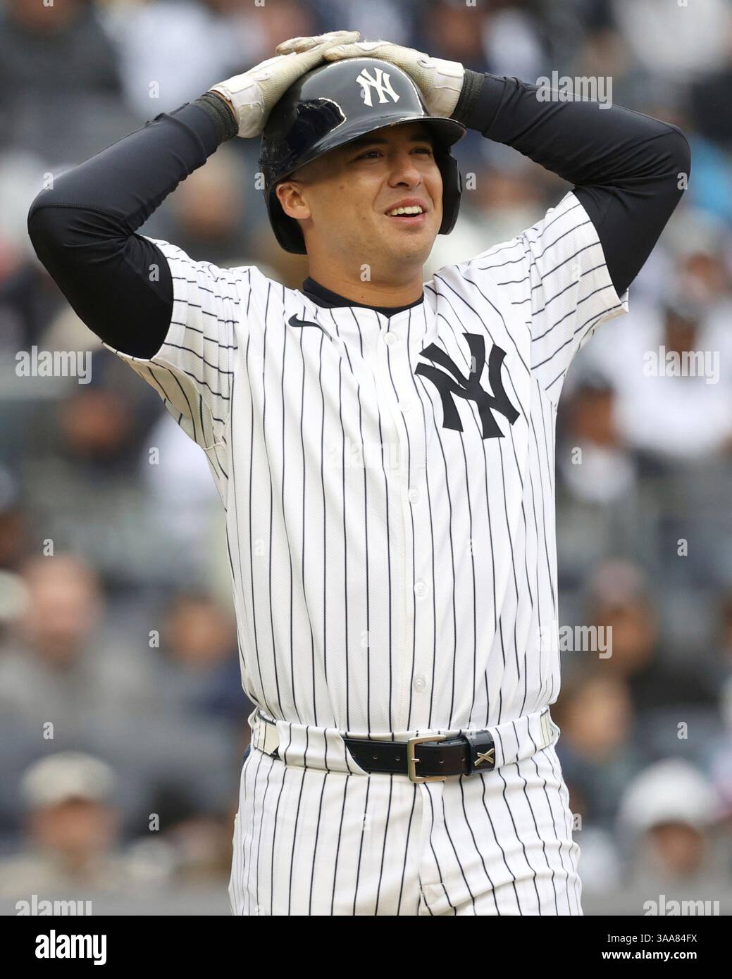 New York Yankees' Anthony Volpe stands on the field during the seventh ...