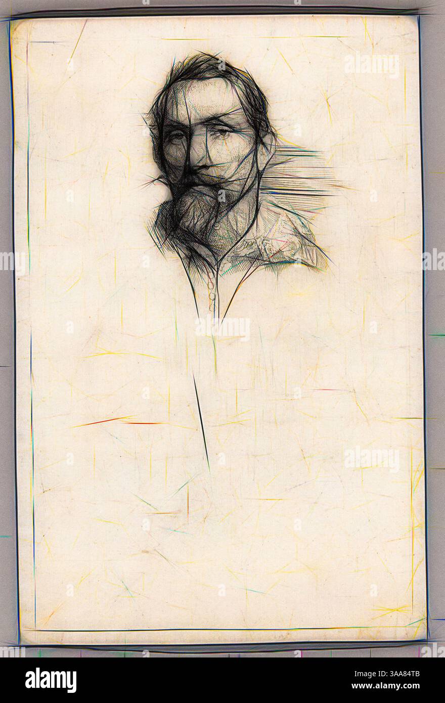A stylized portrait of a man with a prominent mustache and thoughtful ...