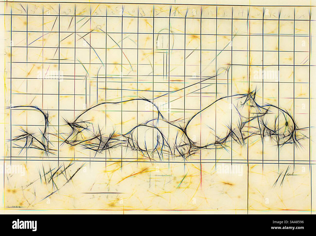 A group of pigs is depicted in a stylized, abstract form, with faint ...