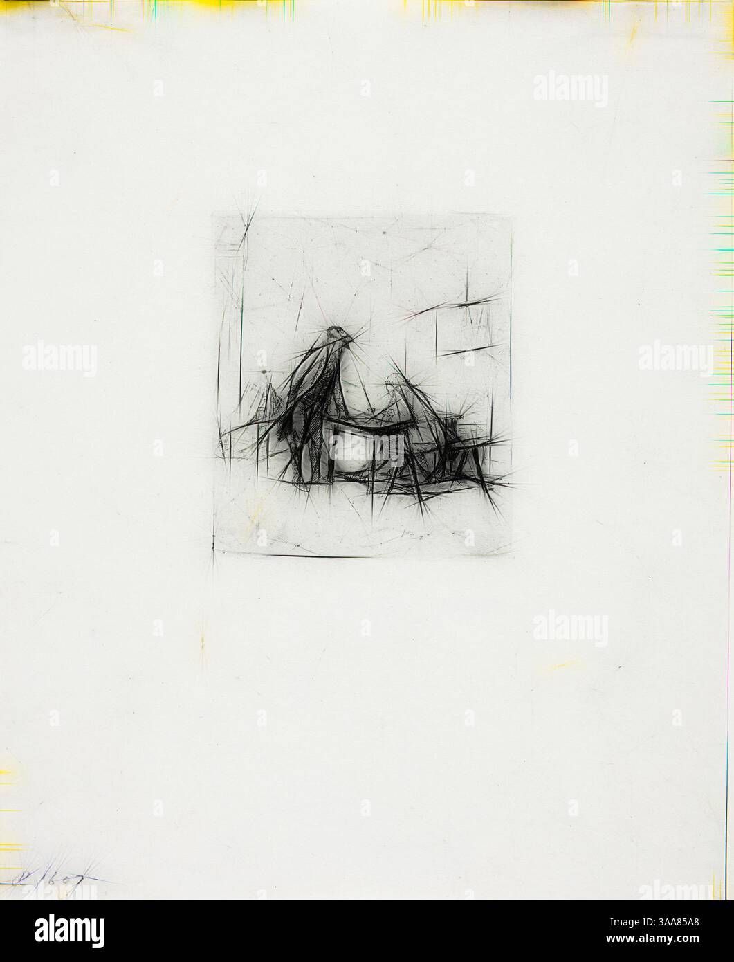 An abstract composition featuring delicate lines and shapes that hint ...