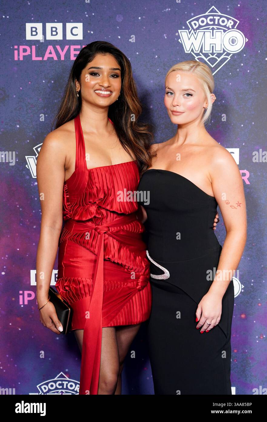 Varada Sethu (left) and Millie Gibson attending the premiere of Doctor Who season two, at the ...