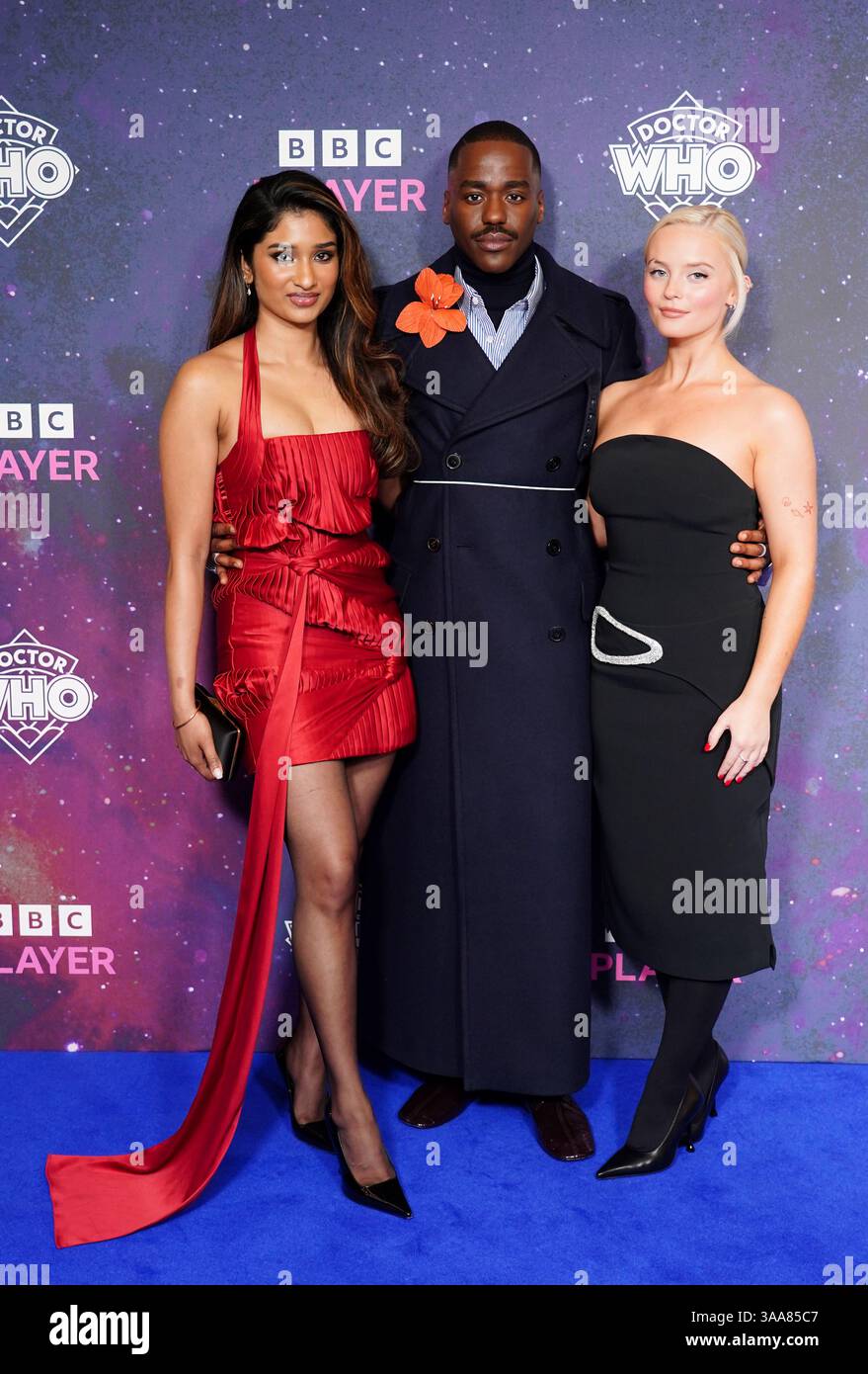(left to right) Varada Sethu, Ncuti Gatwa and Millie Gibson attending the premiere of Doctor Who ...