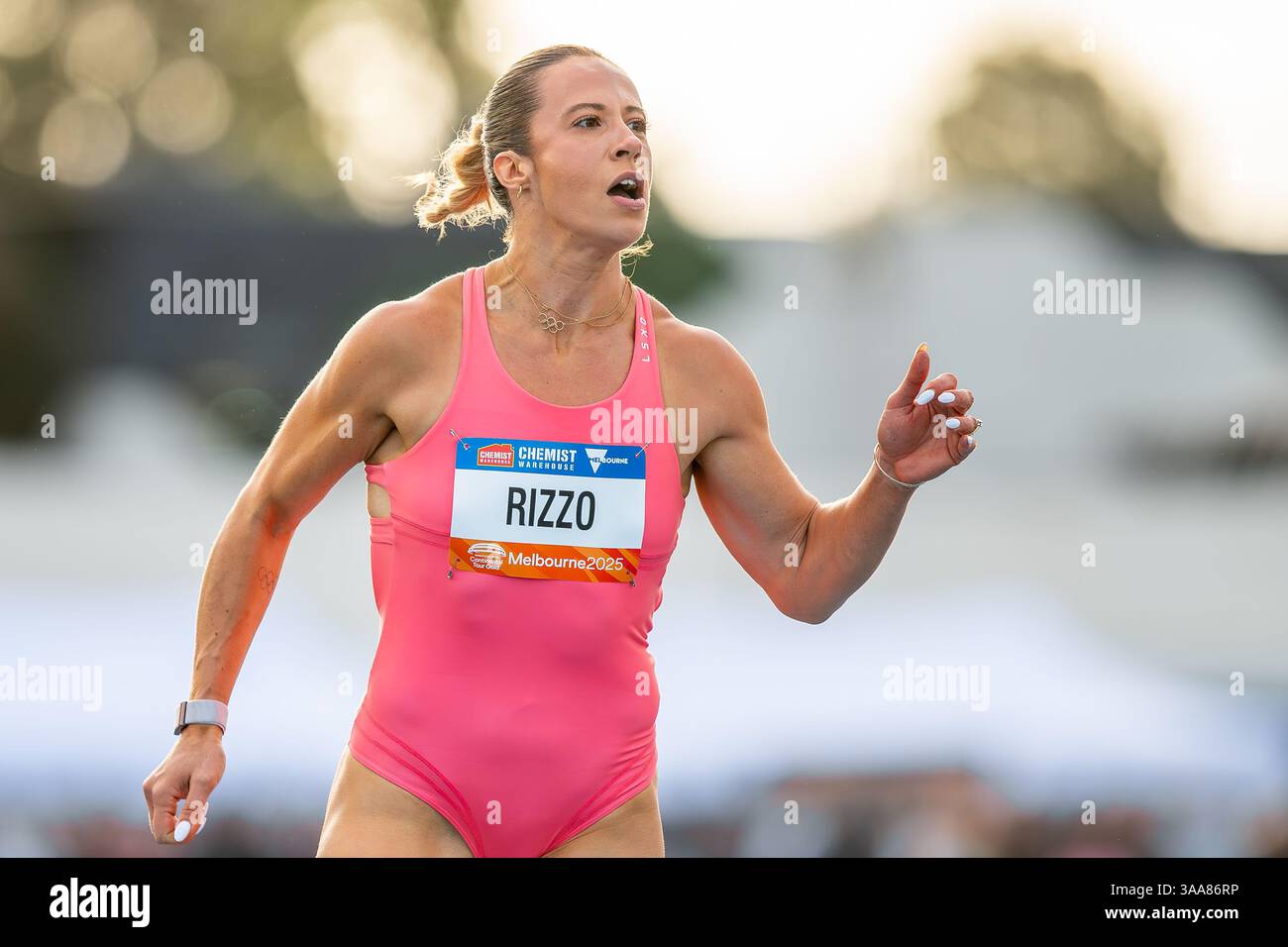 Bree Rizzo seen crossing the finish line for the win in the 100m at the ...