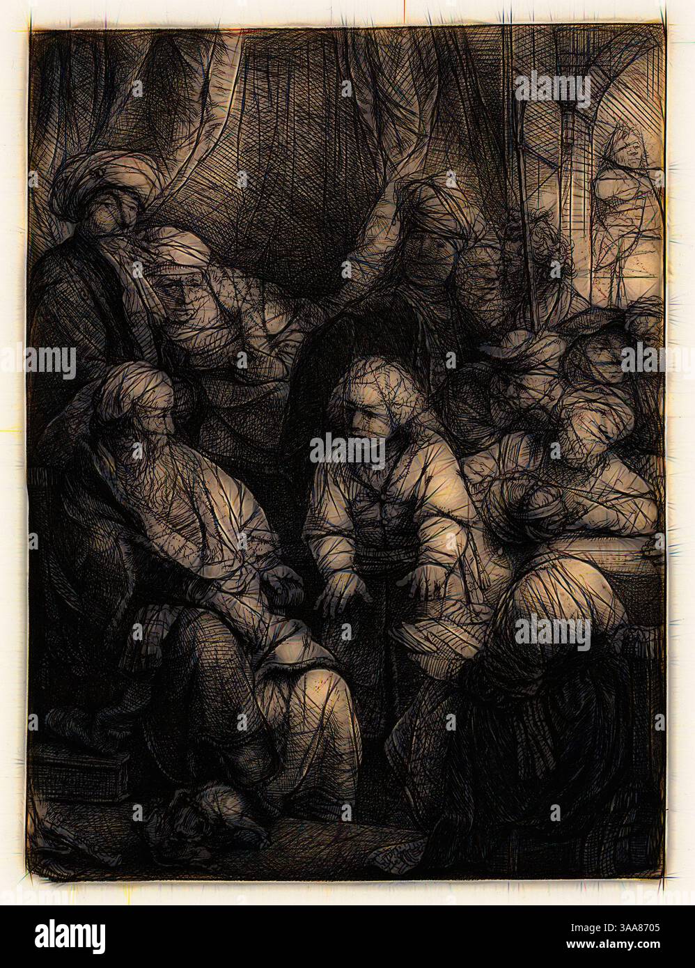 A group of figures is gathered in a dramatic and intimate setting ...