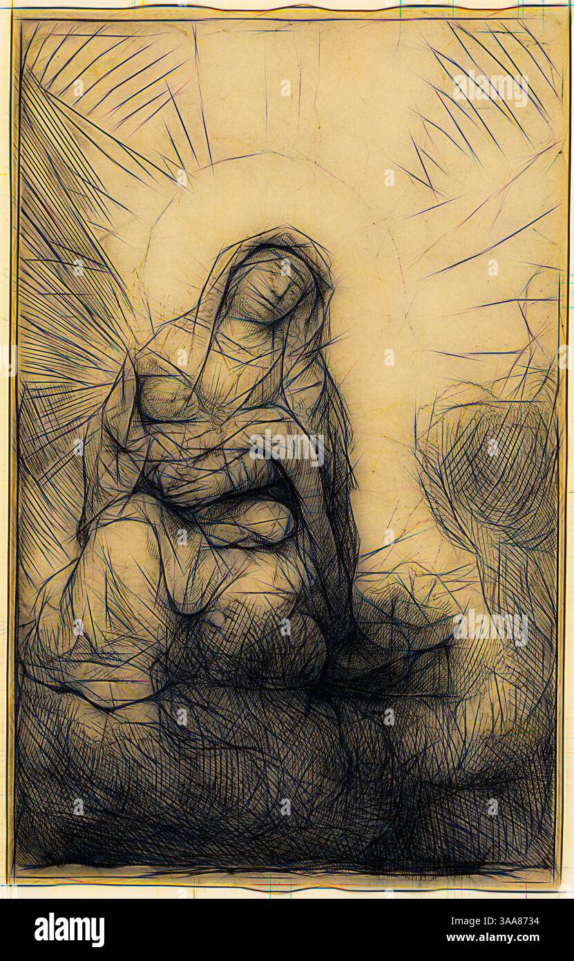 A serene depiction of a mother figure cradling a child, enveloped in an ...