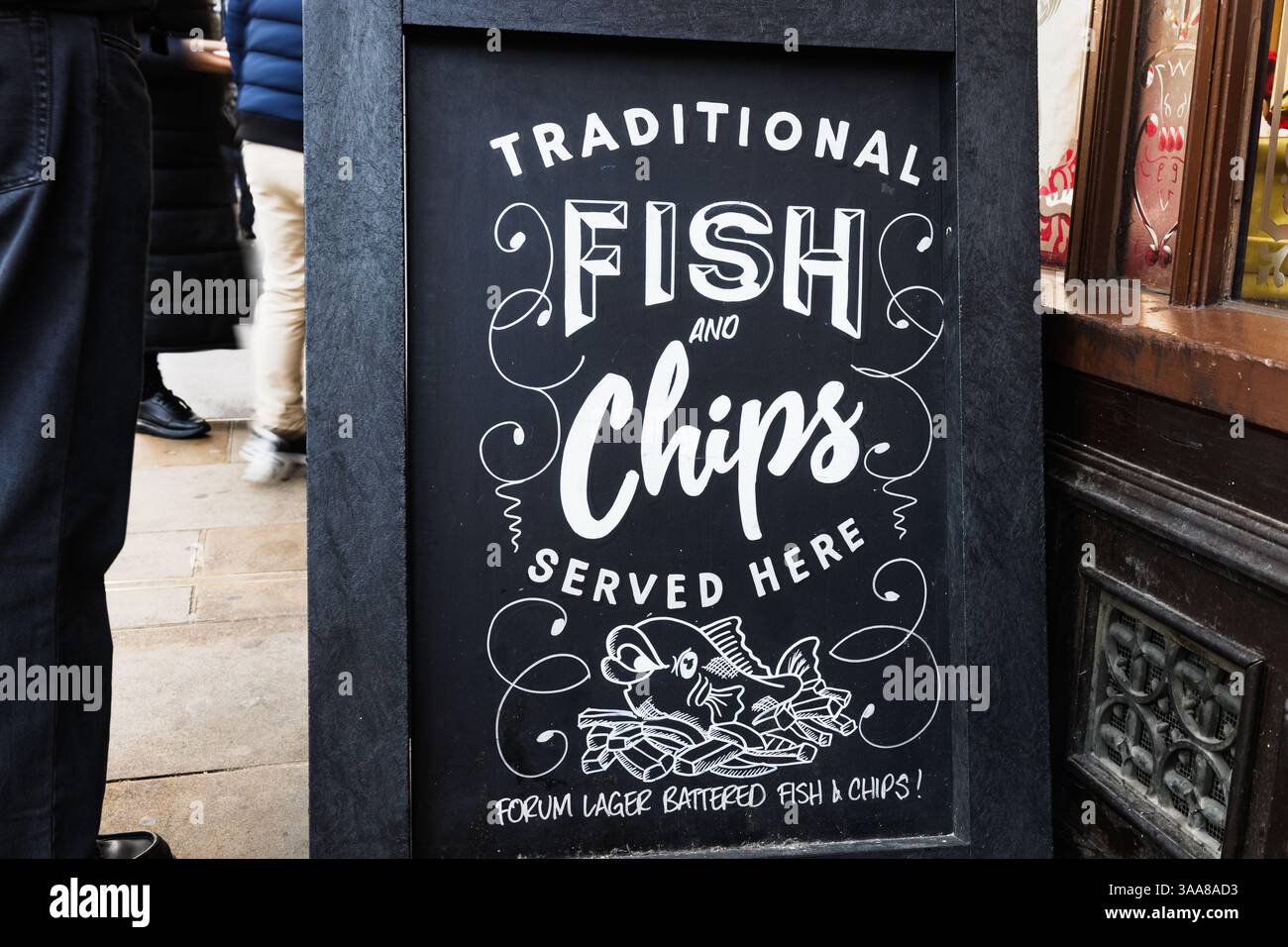 Traditional Fish and Chips Chalkboard Sign Outside British Restaurant. London, UK, 17 December ...