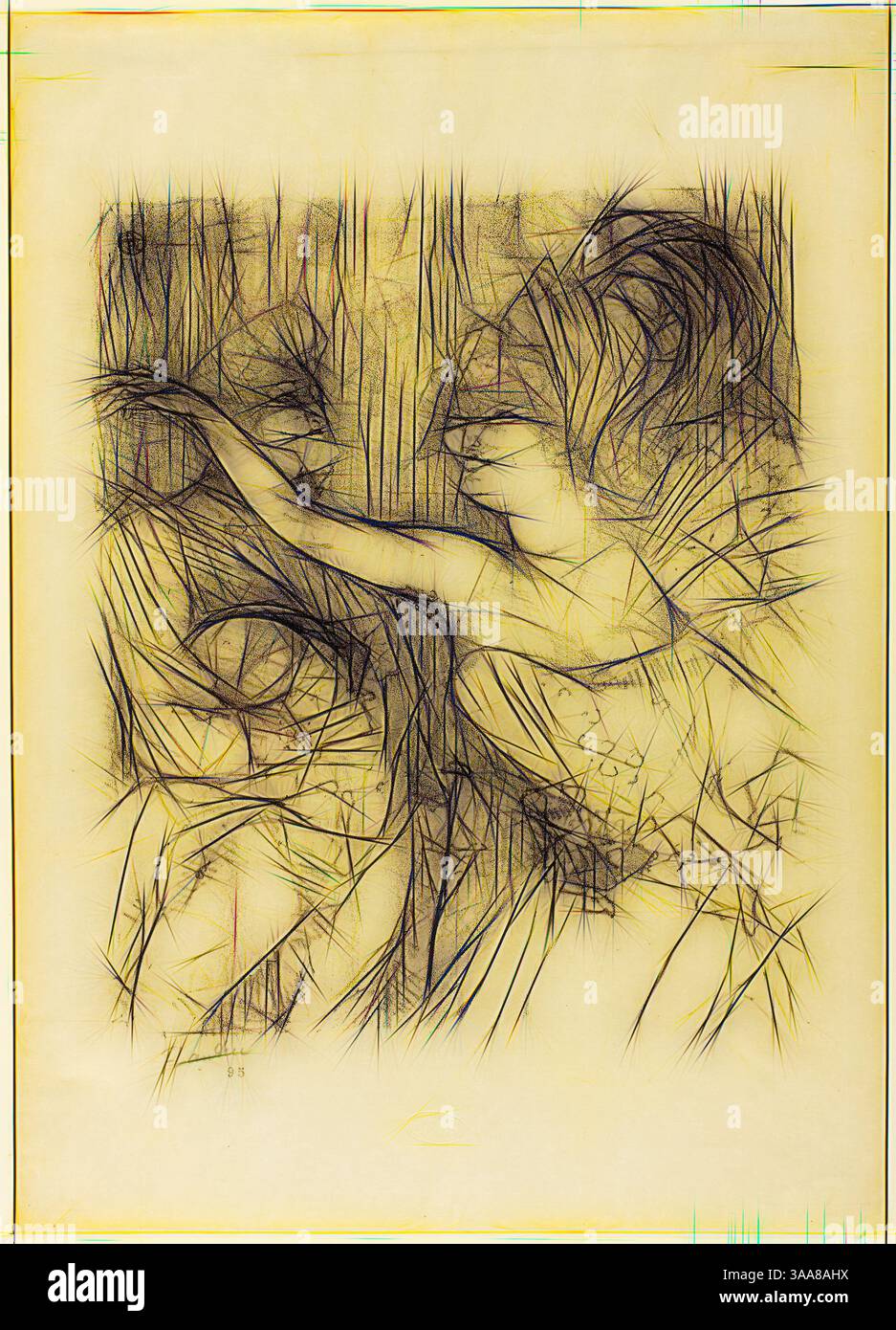 An abstract depiction of two figures intertwined in motion, with ...