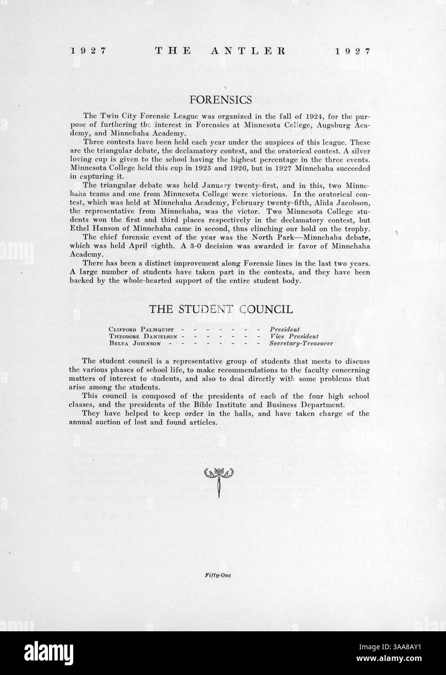The 1927 Antler Yearbook from Minnehaha Academy commemorates the 1926 ...