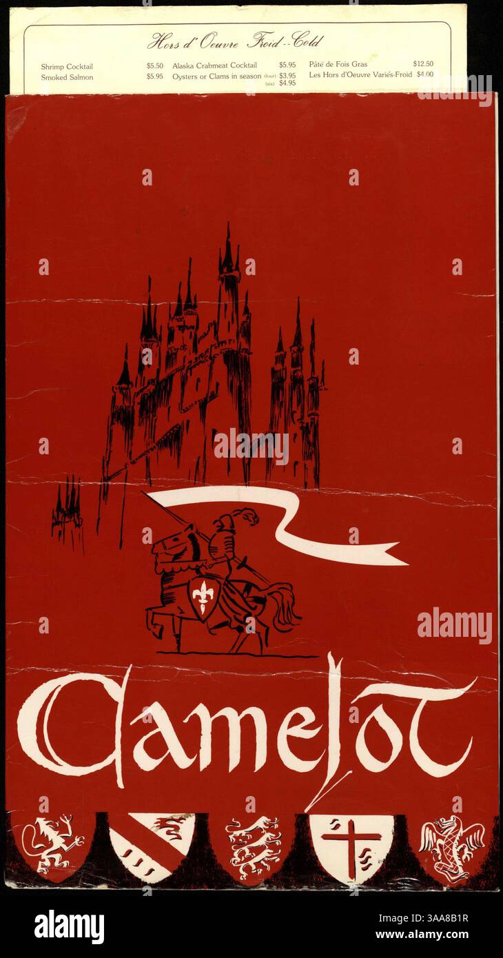 The Camelot Menu, printed on cream cardstock, lists hot and cold ...