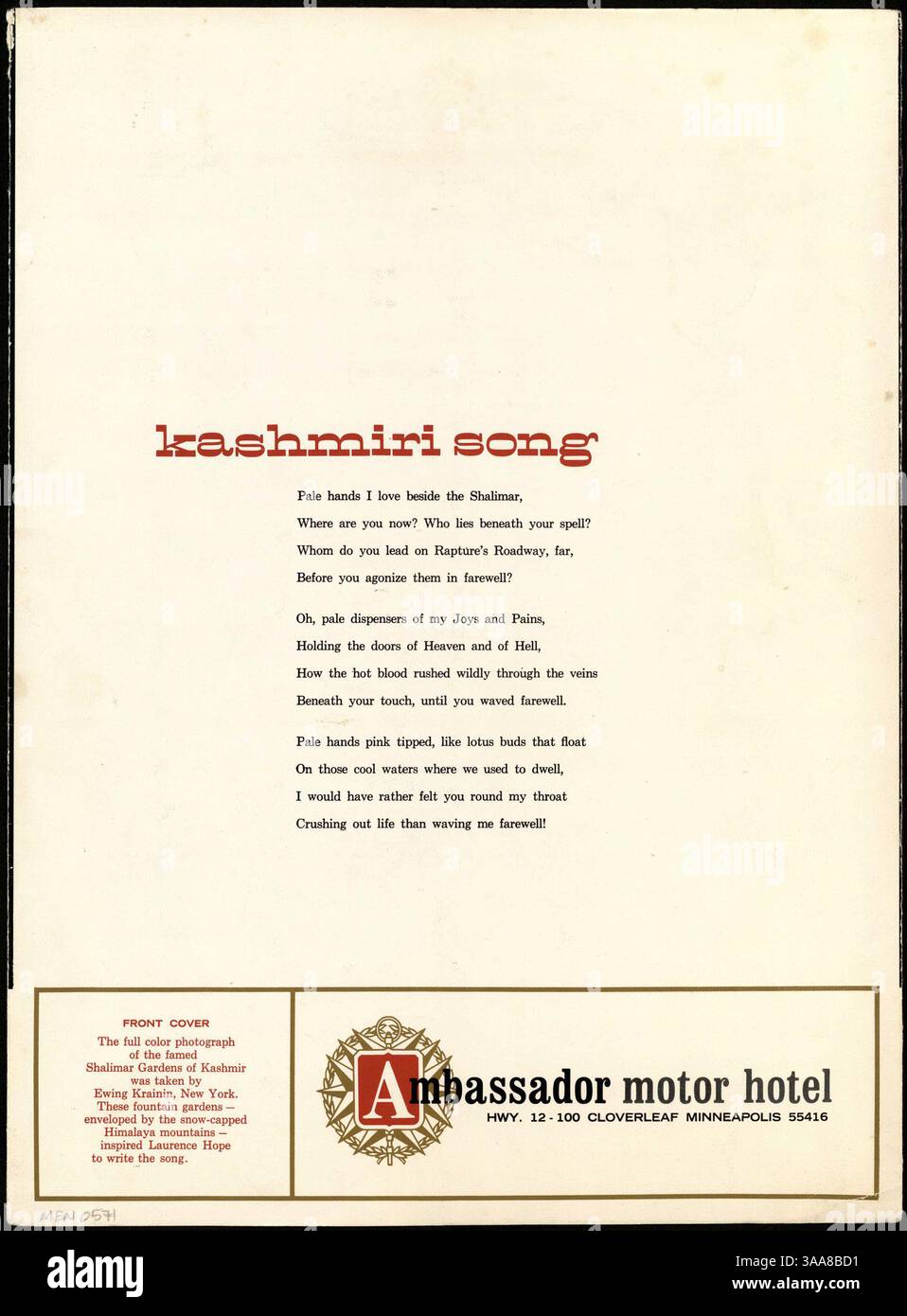 An elegant tri-fold menu from the Kashmiri Room, featuring a photo of ...