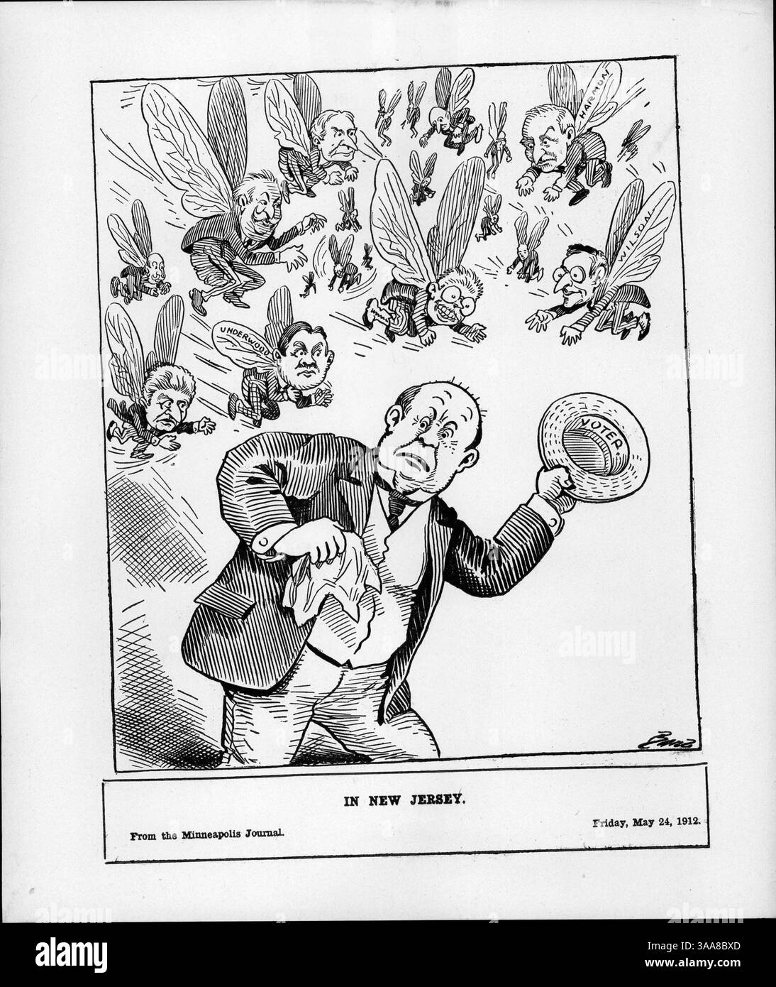 This image depicts a harried man labeled 'Voter' waving his hat at ...