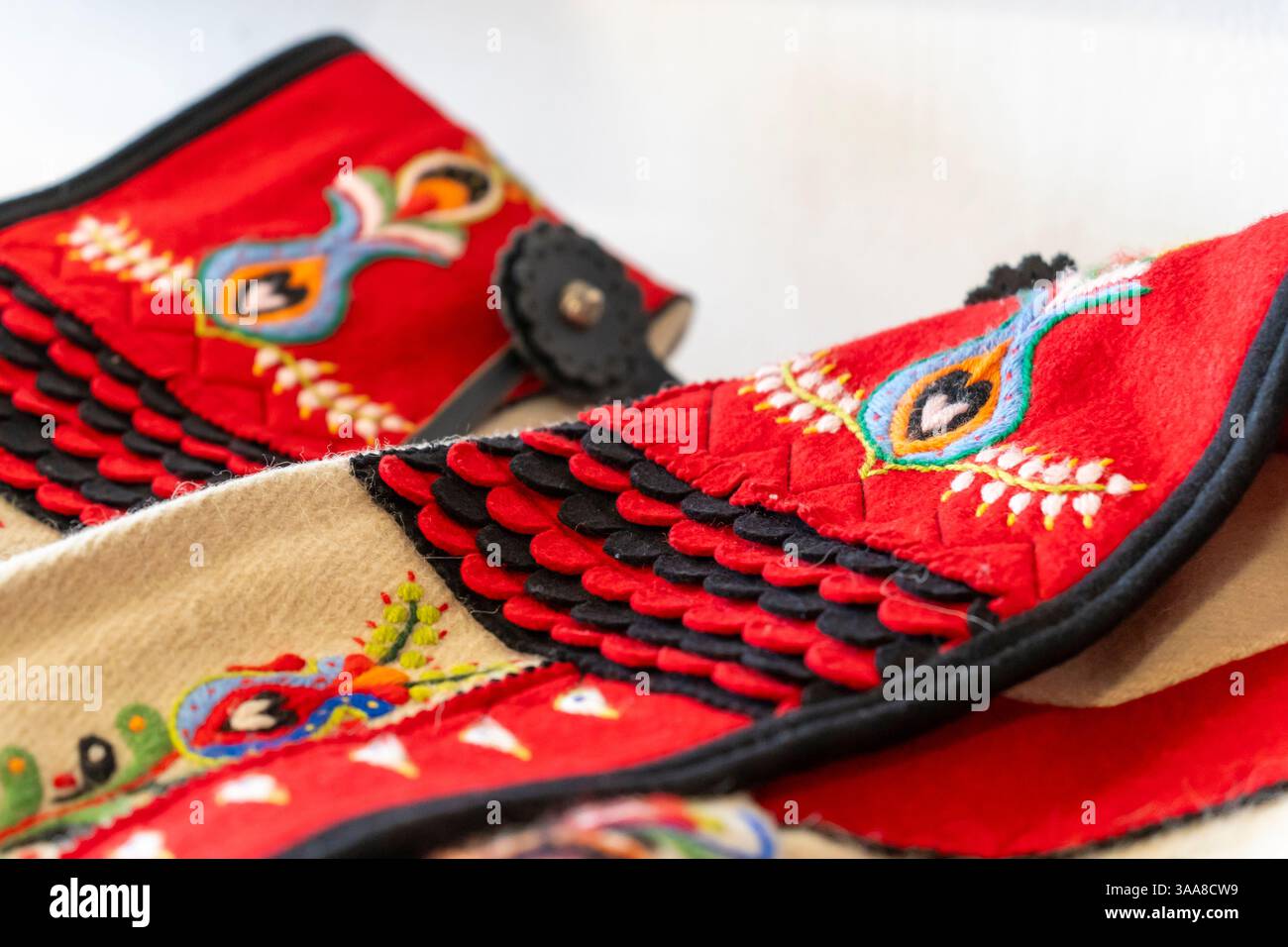 Colorful embroidered hungarian folk costume fabric detail Stock Photo ...