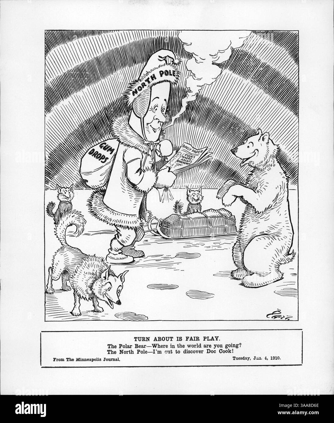 This political cartoon depicts the North Pole preparing for a journey ...