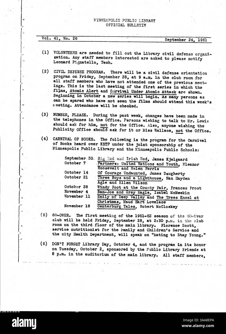 The 1951 Minneapolis Public Library Official Bulletin is a weekly ...