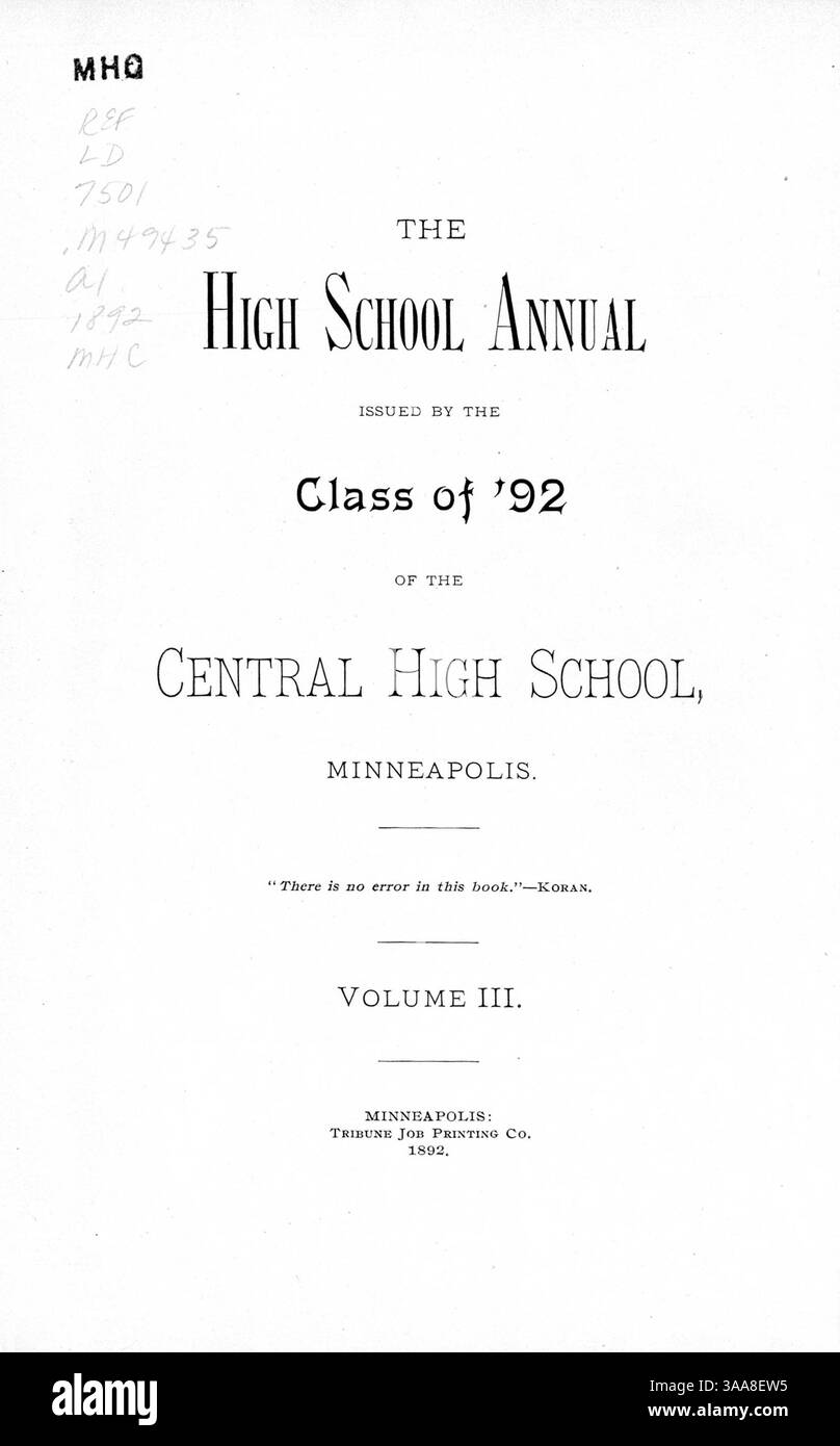 The 1892 Central High School annual records the activities and ...