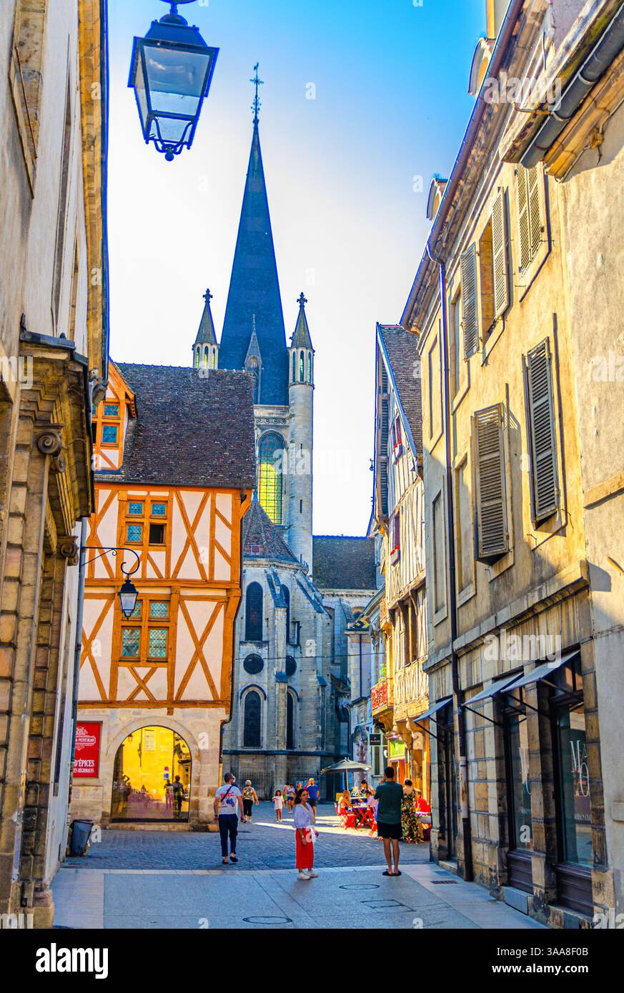 Dijon, France, July 9, 2024: old medieval houses fachwerk style facade ...