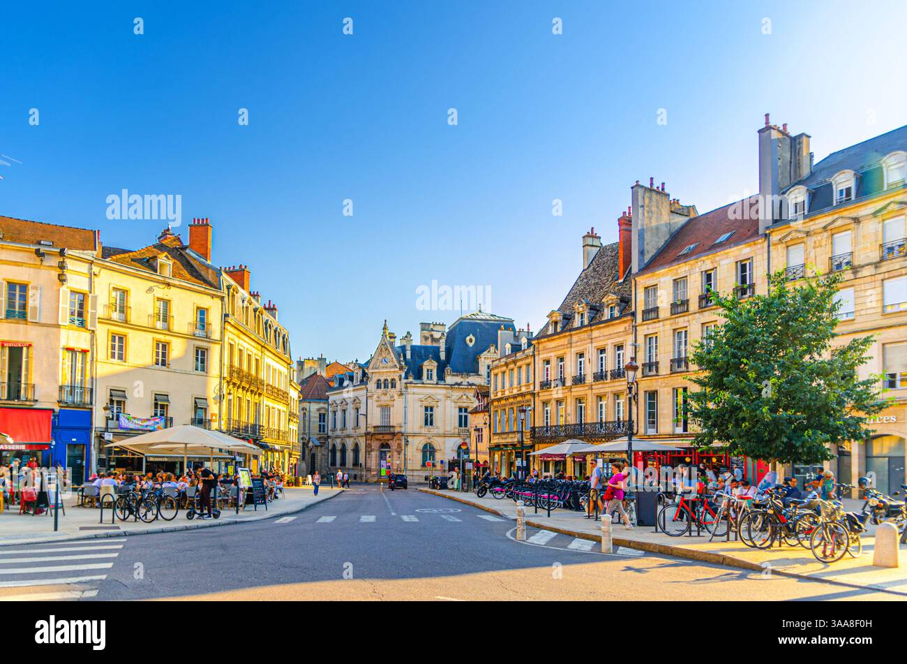 Dijon, France, July 9, 2024: old medieval houses buildings, street ...