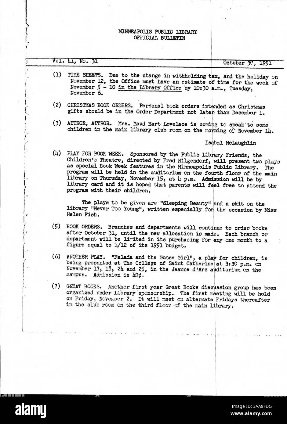 The 1951 Minneapolis Public Library Official Bulletin informs library ...
