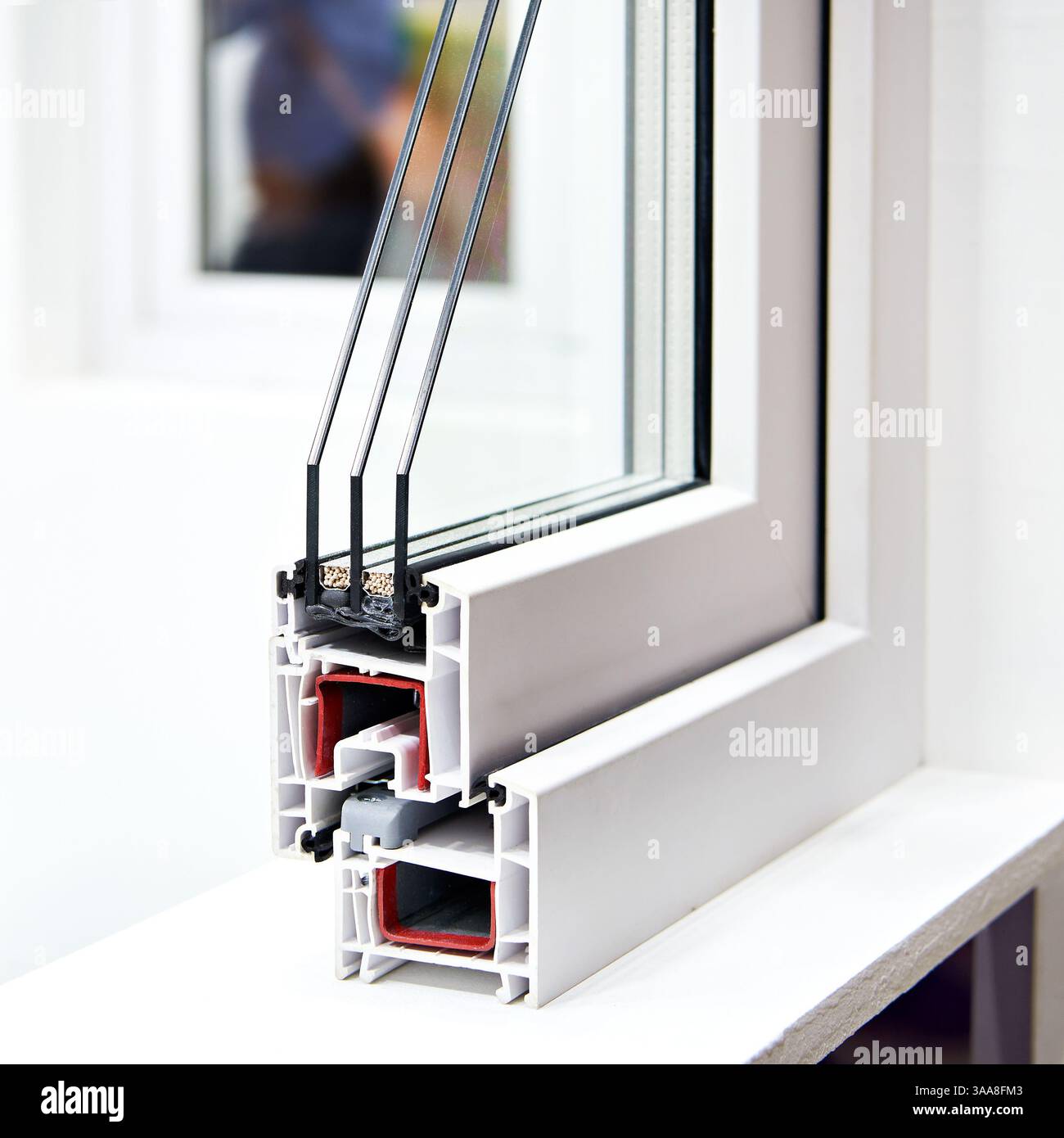 Sectional frame window of plastic insulating glass unit in store Stock ...