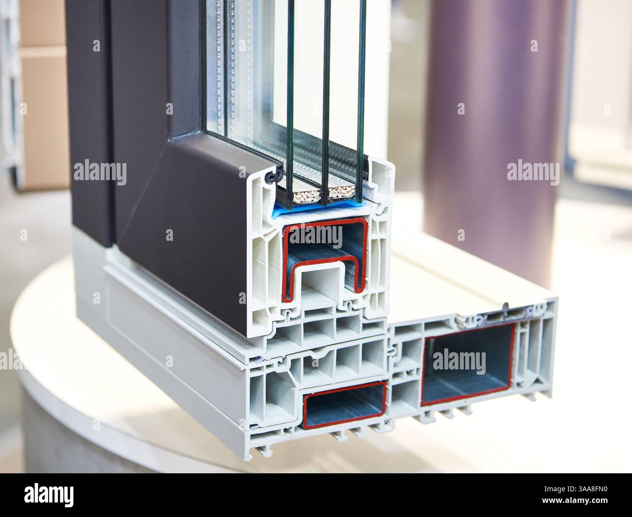 Sectional frame window of plastic insulating glass unit in store Stock ...