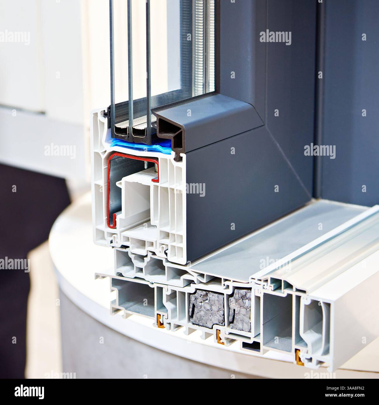 Sectional frame window of plastic insulating glass unit in store Stock ...