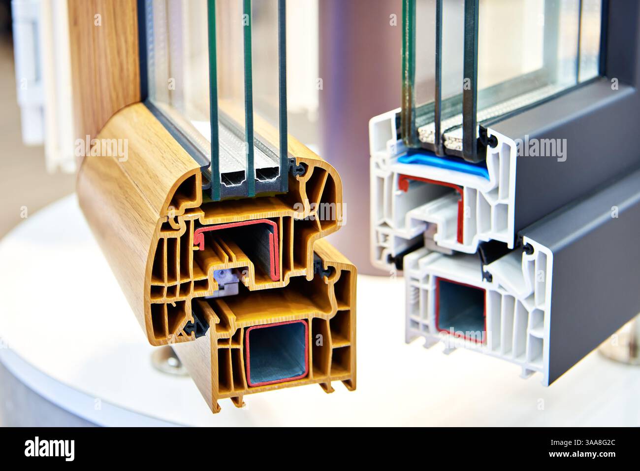 Sectional frame window of plastic insulating glass unit in store Stock ...
