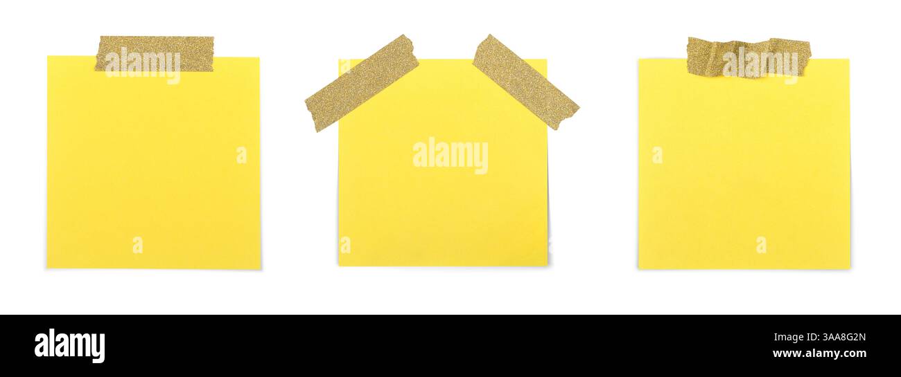 Yellow Paper Post It Notes Attached with Gold Glitter Tape Isolated on ...