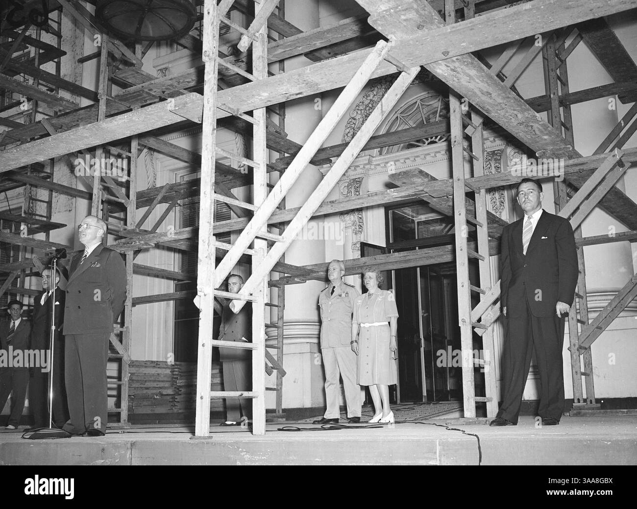 United States President Harry S. Truman speaks from the White House to ...