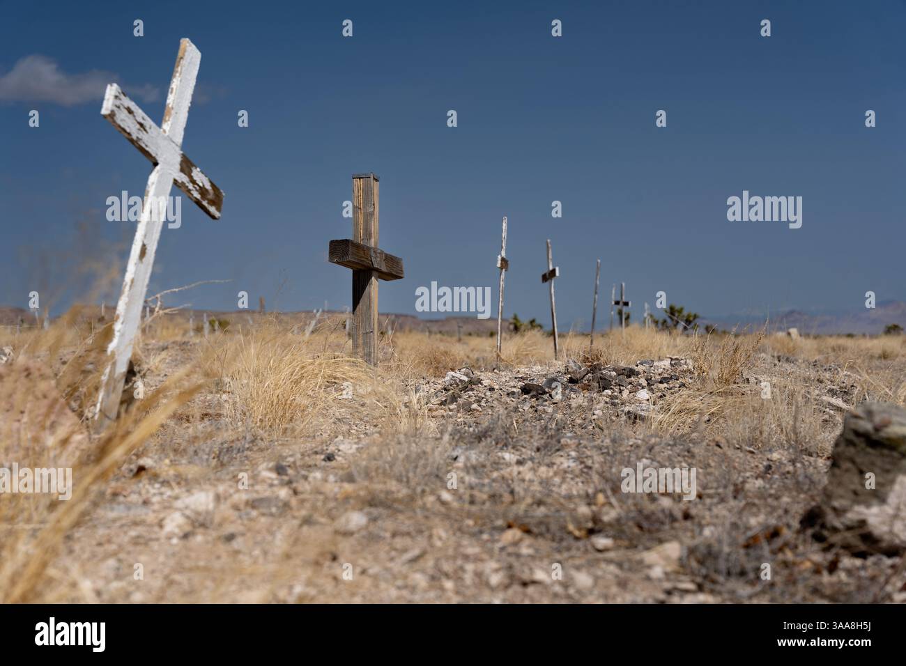 Weathered old grave markers in a secluded desert overgrown with sagebrush and weeds Stock Photo ...