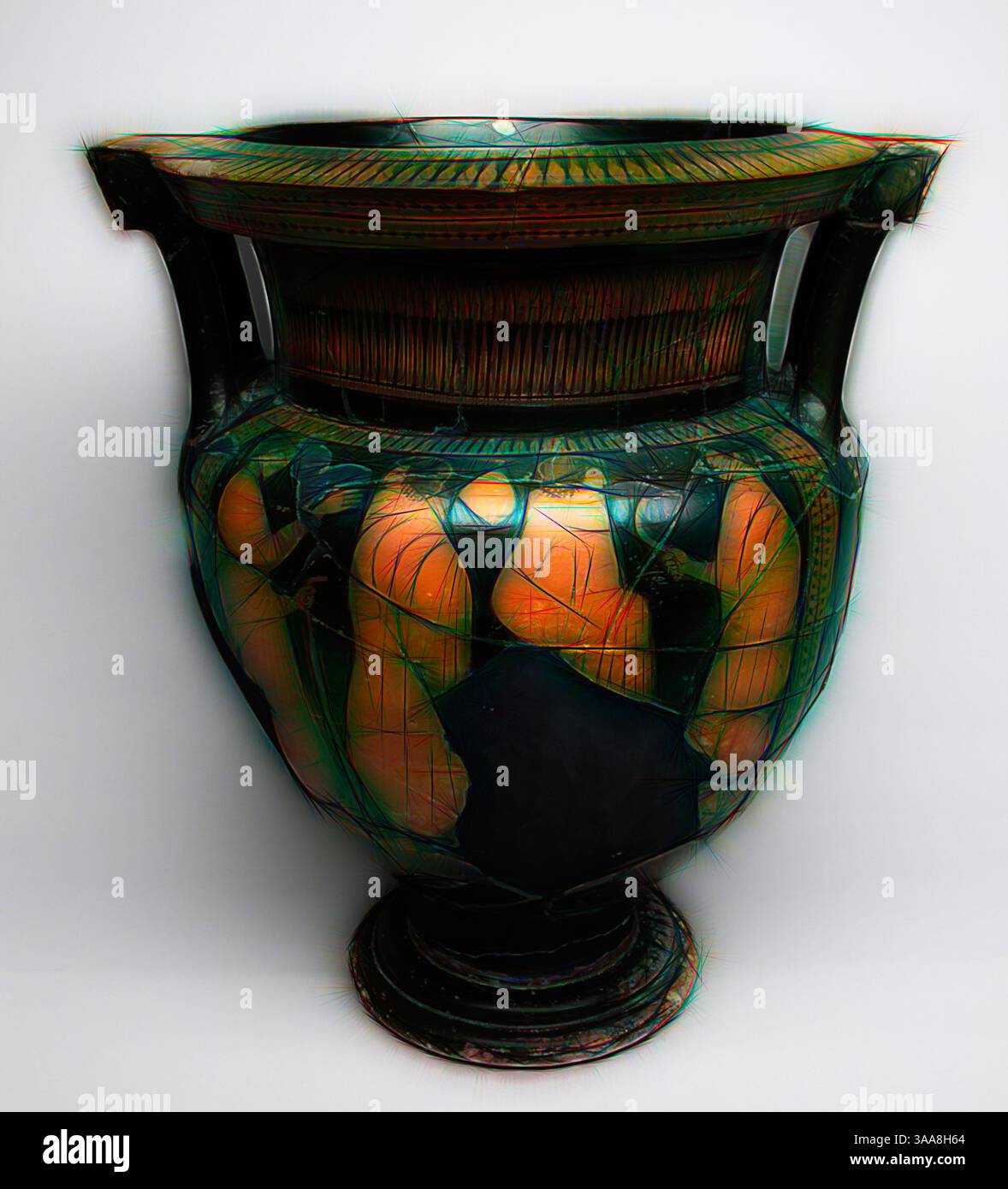 An intricately designed ancient vase featuring a blend of geometric ...